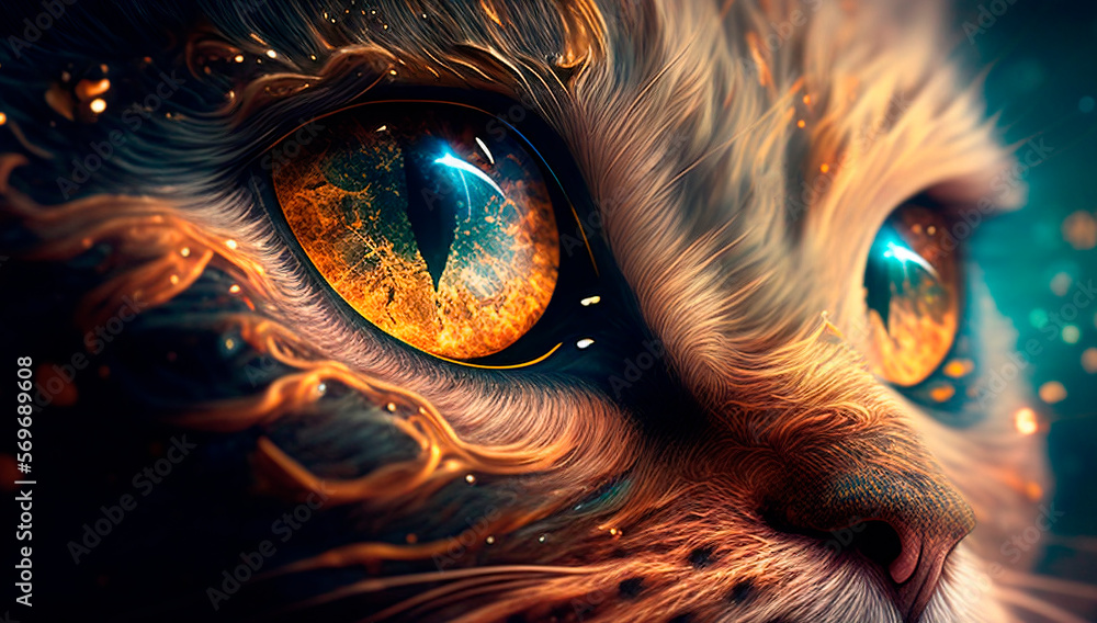 Generative AI, fantasy cat drawn with magical lighting and paint ...
