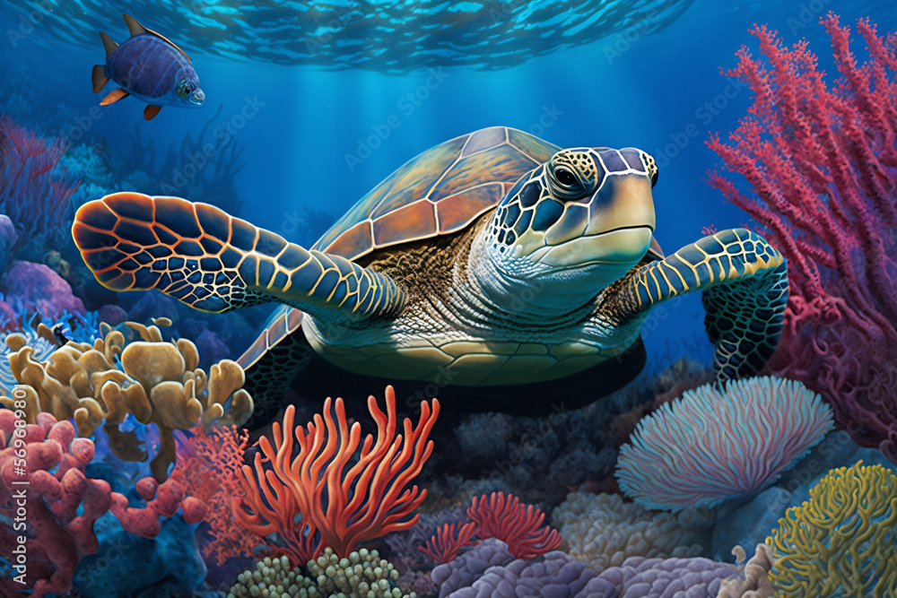 Colorful illustration of a sea turtle swimming over coral reefs ...