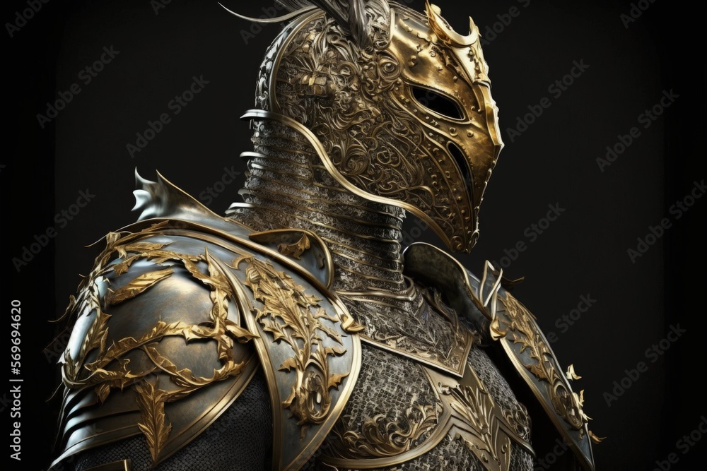 ภาพประกอบสต็อก Medieval dragon knight in golden armor. Generative AI ...