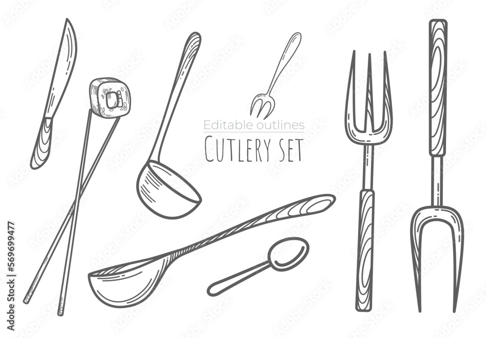 Vector cutlery set with editable outlines. Several different size ...