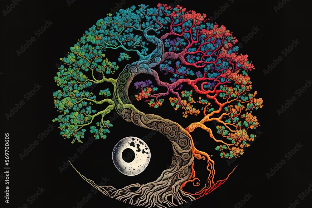 Colorful yin yang tree with spiral decoration, illustrated Generative ...