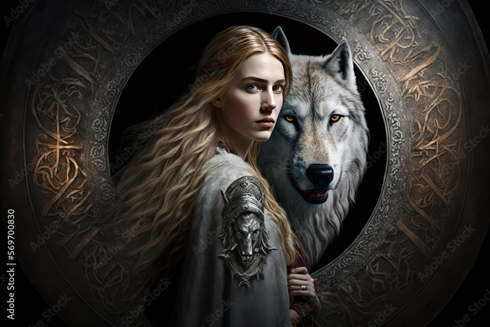 Viking Shield maiden with her spirit guide white wolf - Created with ...