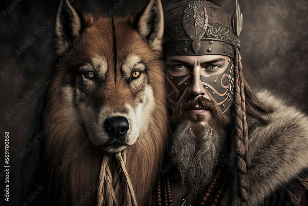 Viking norseman with his wolf spirit guide - Created with generative AI ...