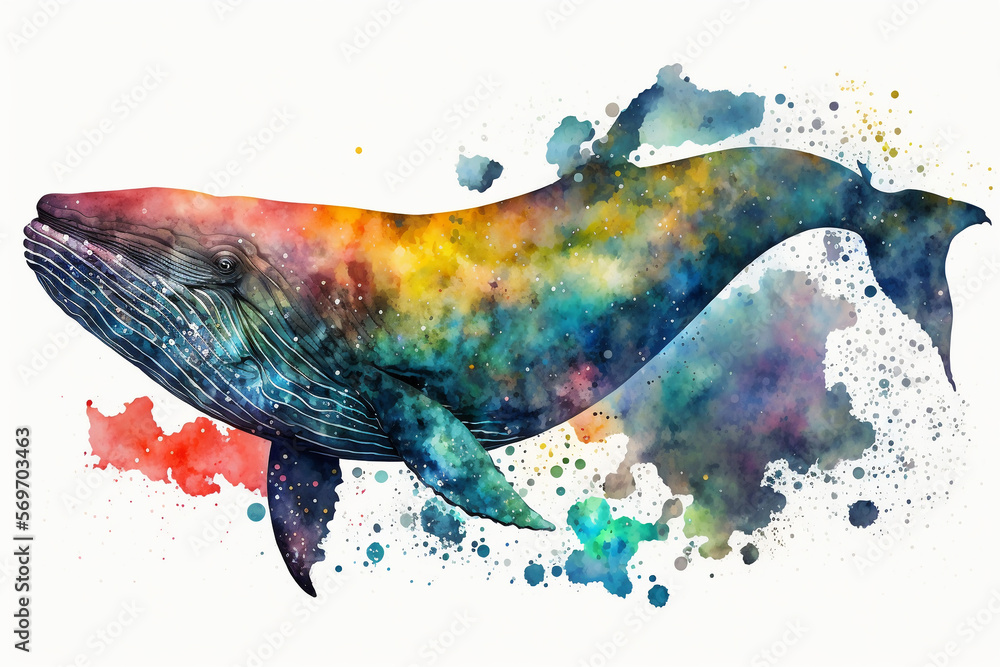 Watercolor whale on white background, colorful painting. Realistic sea ...