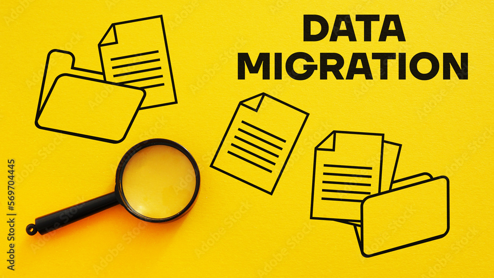 Data migration is shown using the text Stock Photo | Adobe Stock