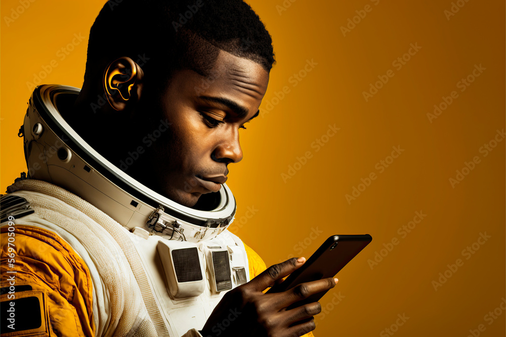 Afro-American astronaut in space suit using his cell phone with yellow ...