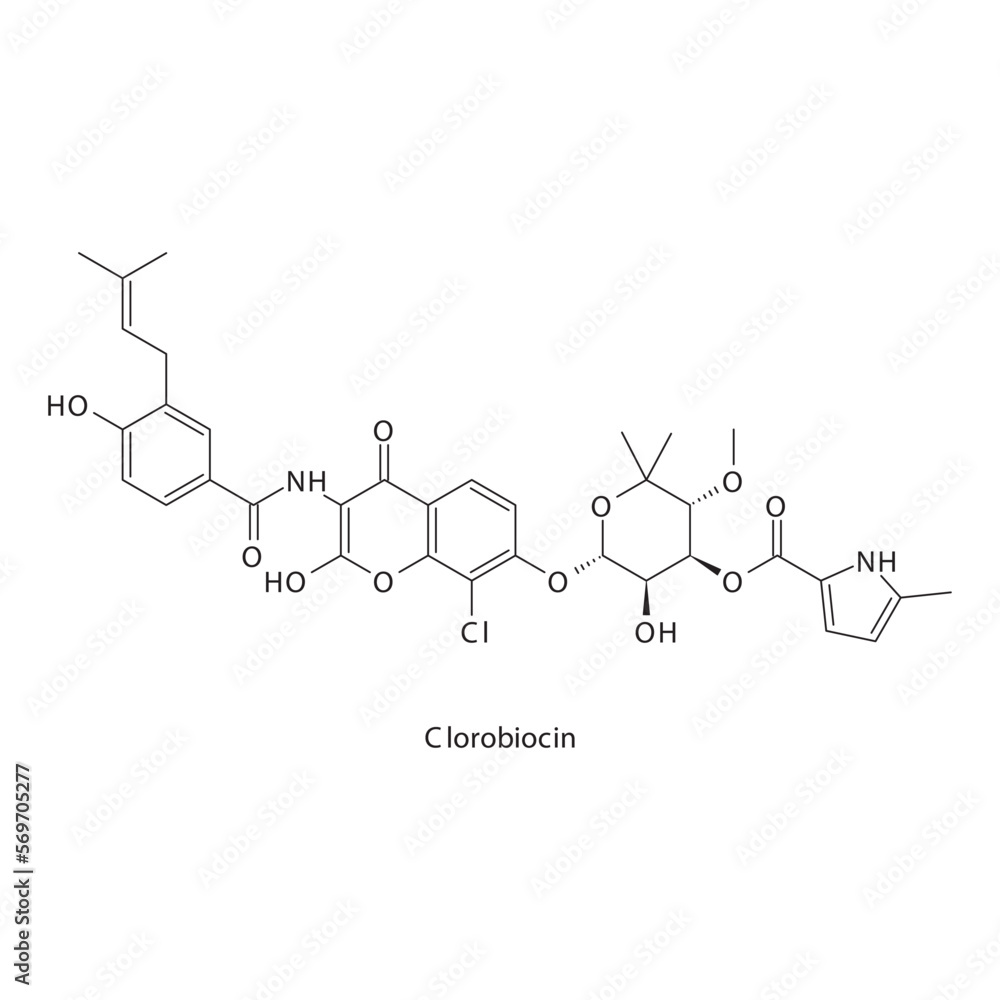Clorobiocin flat skeletal molecular structure Aminocoumarin antibiotic ...