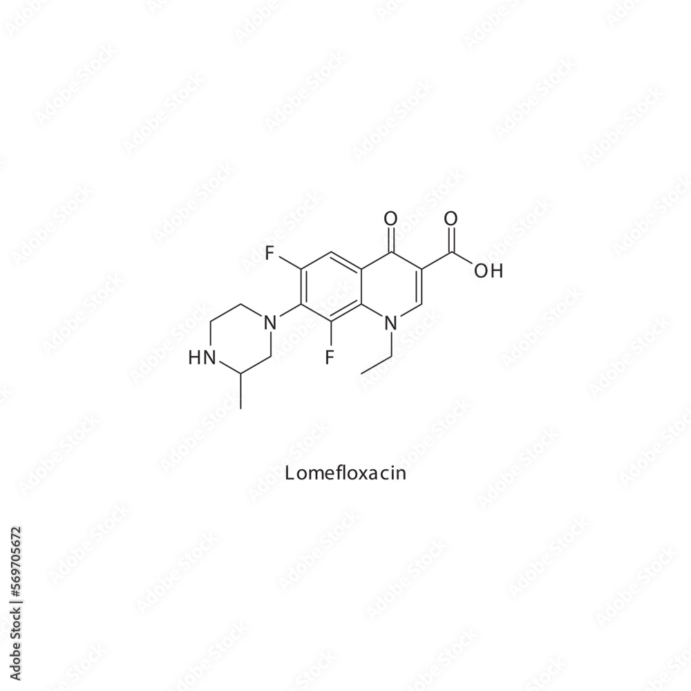 Lomefloxacin flat skeletal molecular structure 2nd generation ...