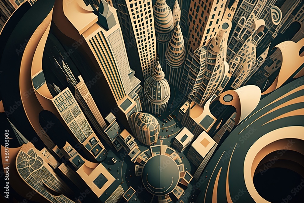 Birds eye view of city skyline with unusual shapes and patterns ...
