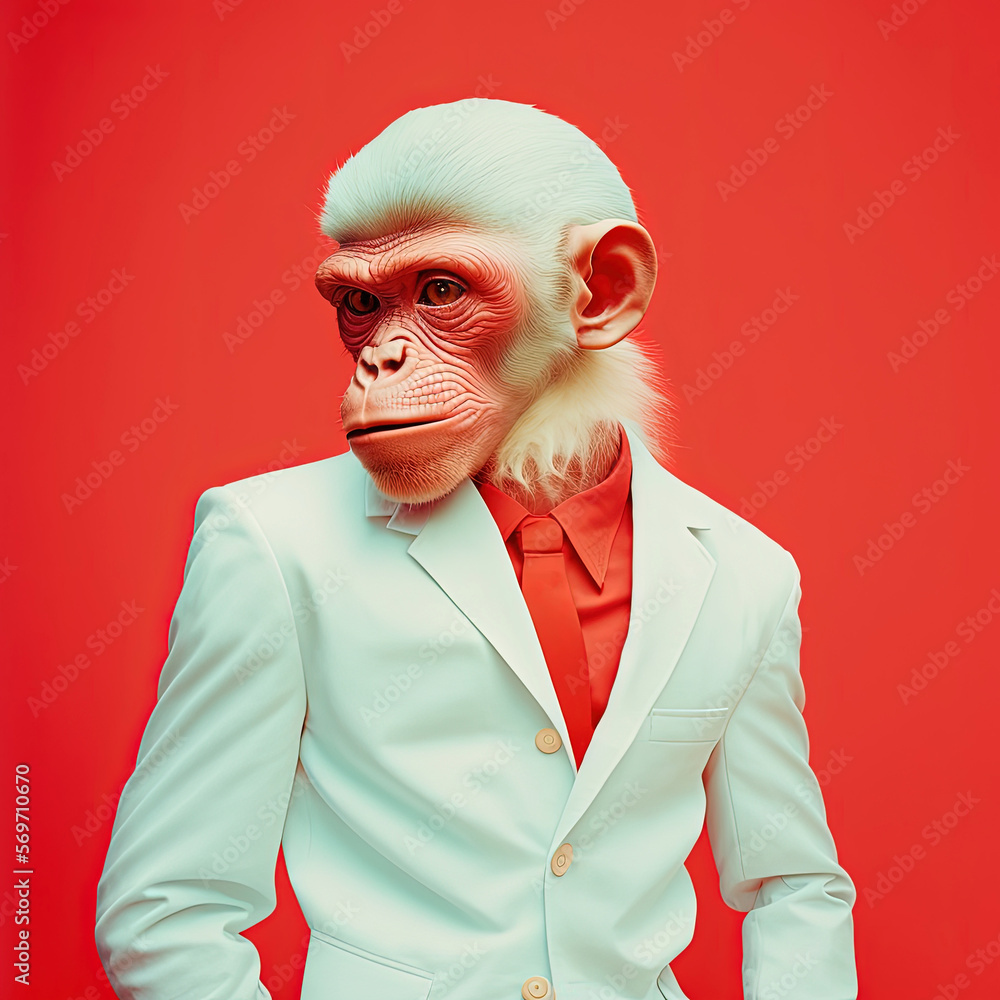 Fashion monkey in white suit portrait, red background. Generative AI ...