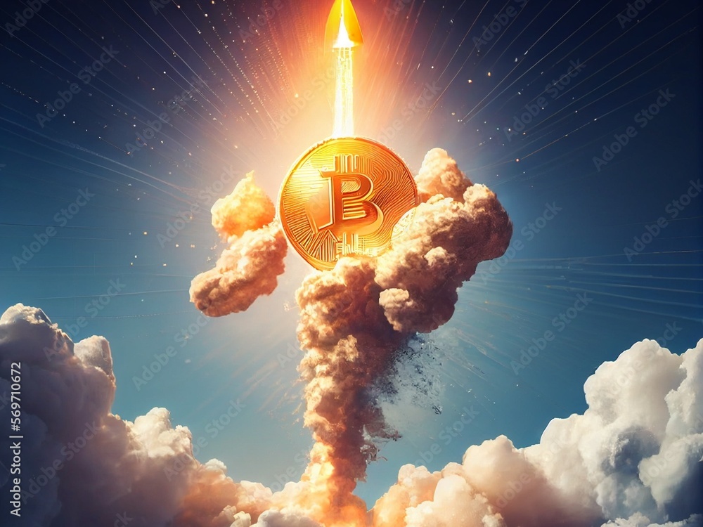 Crypto Rocket launch spaceship to the moon , bitcoin finance wallpaper Ai generative Stock ...