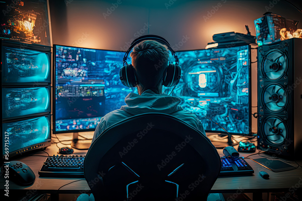 Professional eSports gamer in front of pc playing games. Ai generated ...