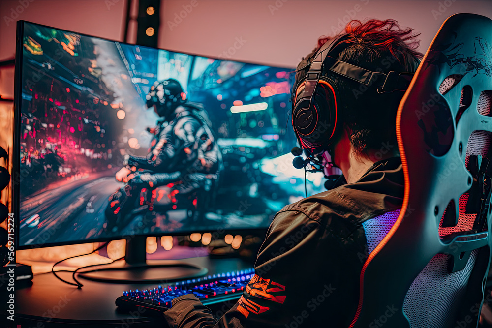 Professional eSports gamer in front of pc playing games. Ai generated ...