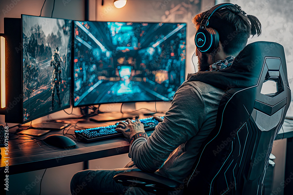 Professional eSports gamer in front of pc playing games. Ai generated ...