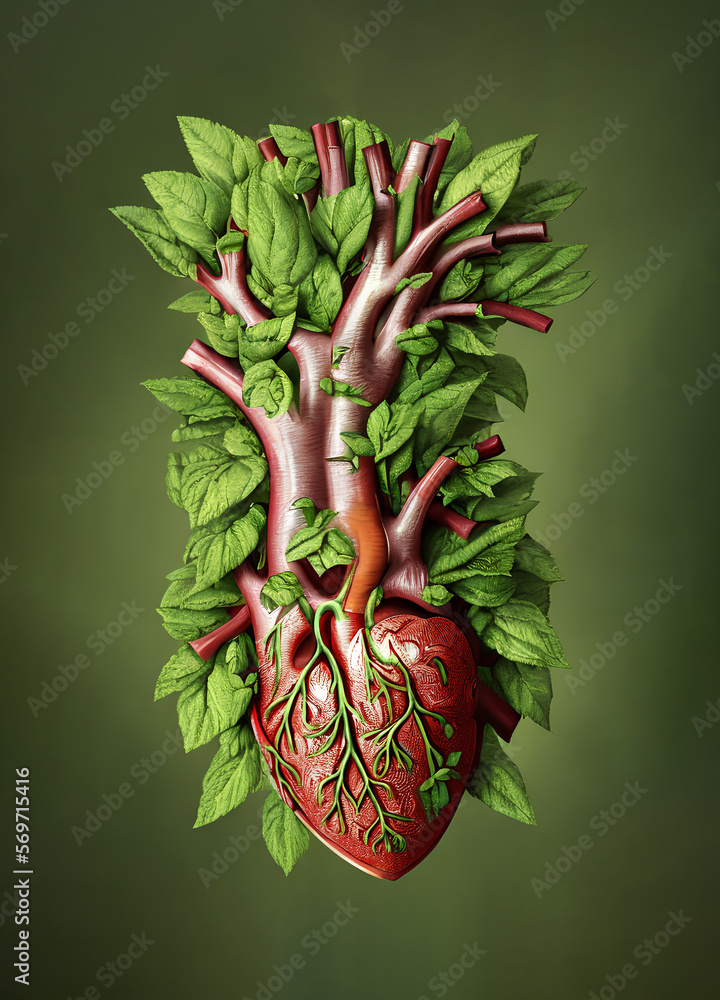 Health care and nature concept - A human heart with foliage and leaves ...