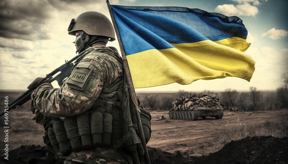 soldier in military uniform with a Ukrainian flag and tank in the ...