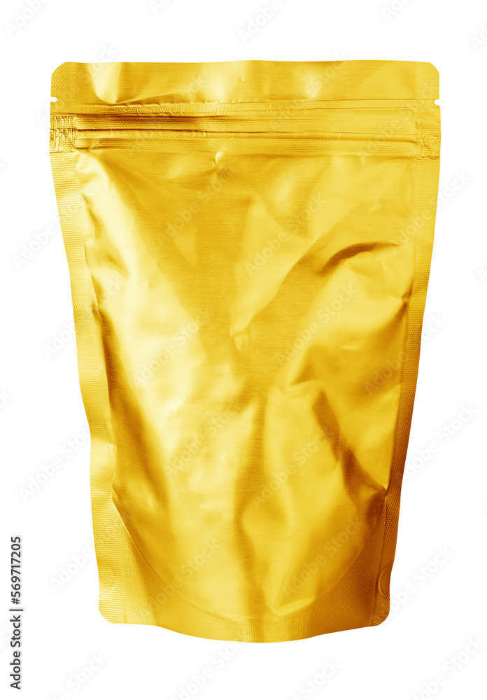 Blank golden foil plastic pouch food packaging isolated on ...