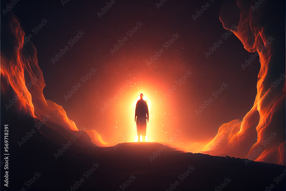 Spiritual awakening Silhouetted figure of Angel coming from the sky ...