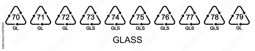 Glass reusable icons pack. Recycling codes in triangular shapes with ...