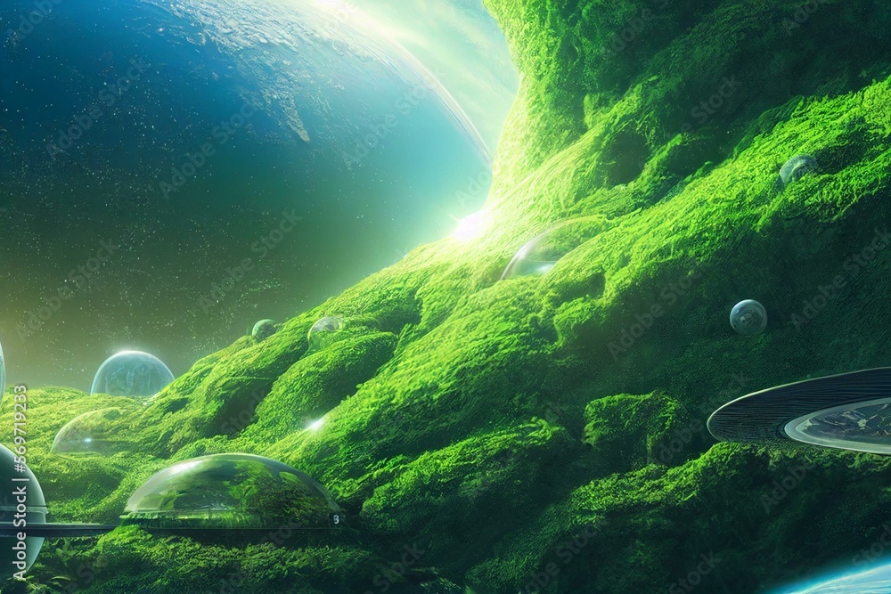 Space expansion concept of human settlement in alien world with green ...