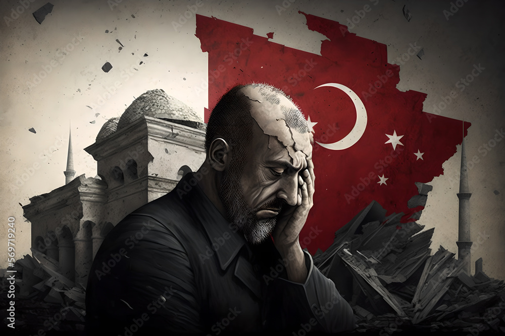 Despair and sadness over the earthquake in Turkey, a man is holding his ...