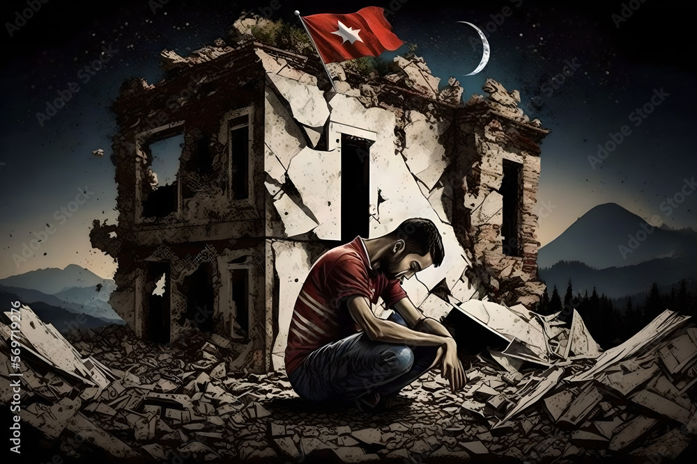 Despair and sadness over the earthquake in Turkey, A man sitting very ...
