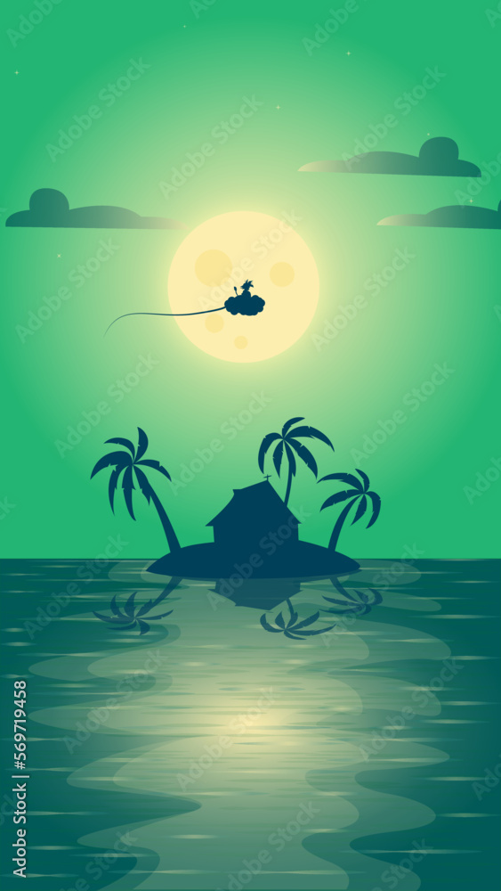 wallpaper, island, sea, waves, palm trees, anime, moon, vector, island ...