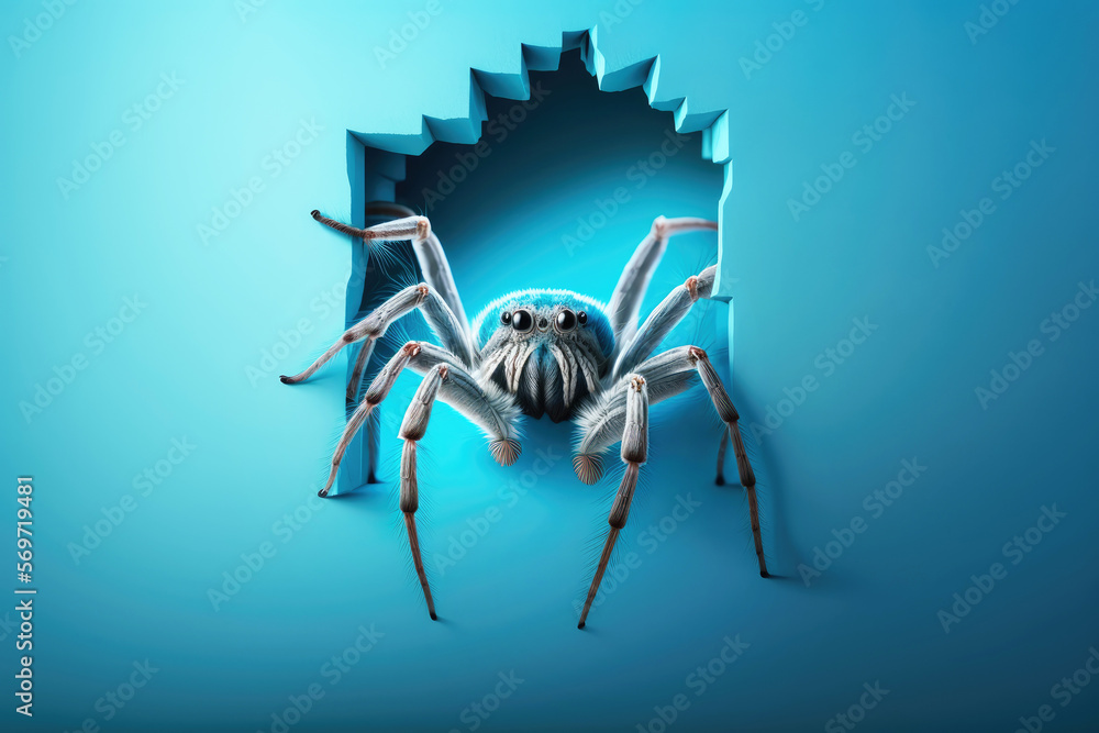 Big ugly spider coming out of a hole in the wall. Blue background with ...