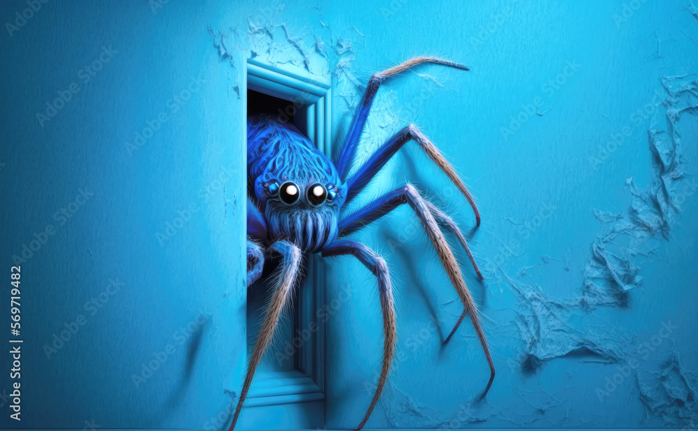Big ugly spider coming out of a hole in the wall. Blue background with ...