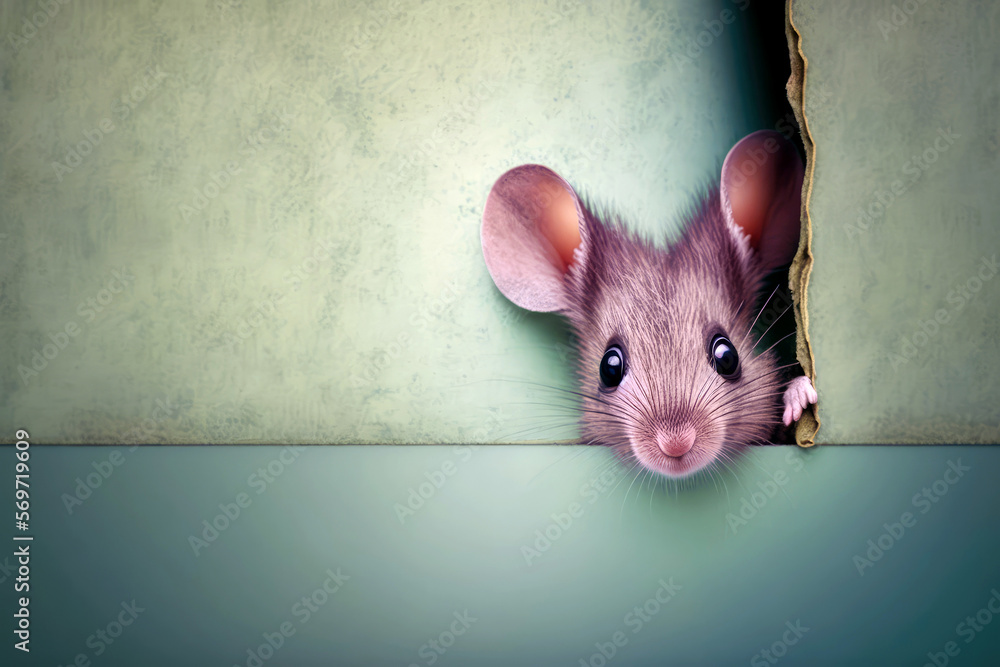Mouse peeking out from behind a corner on light green background with ...