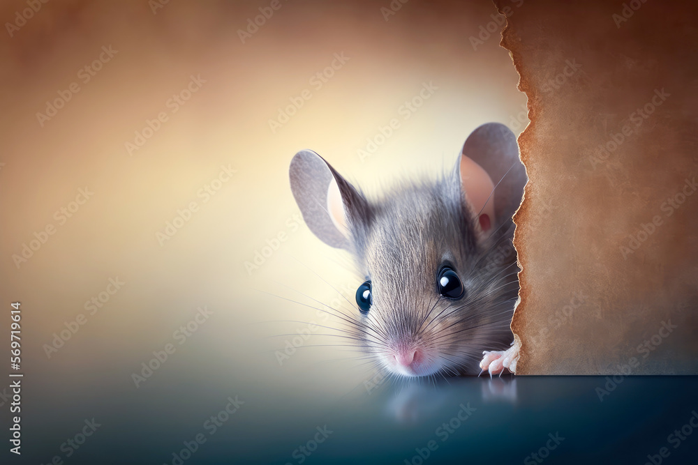 Mouse peeking out from behind a corner on light brown background with ...