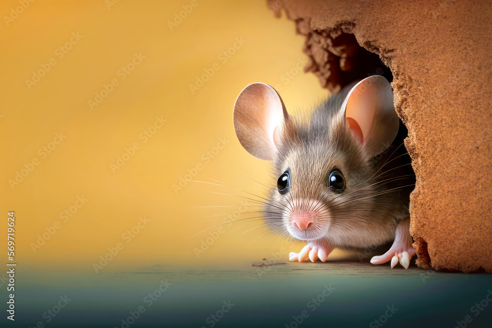 Mouse peeking out from behind a corner on light brown background with ...
