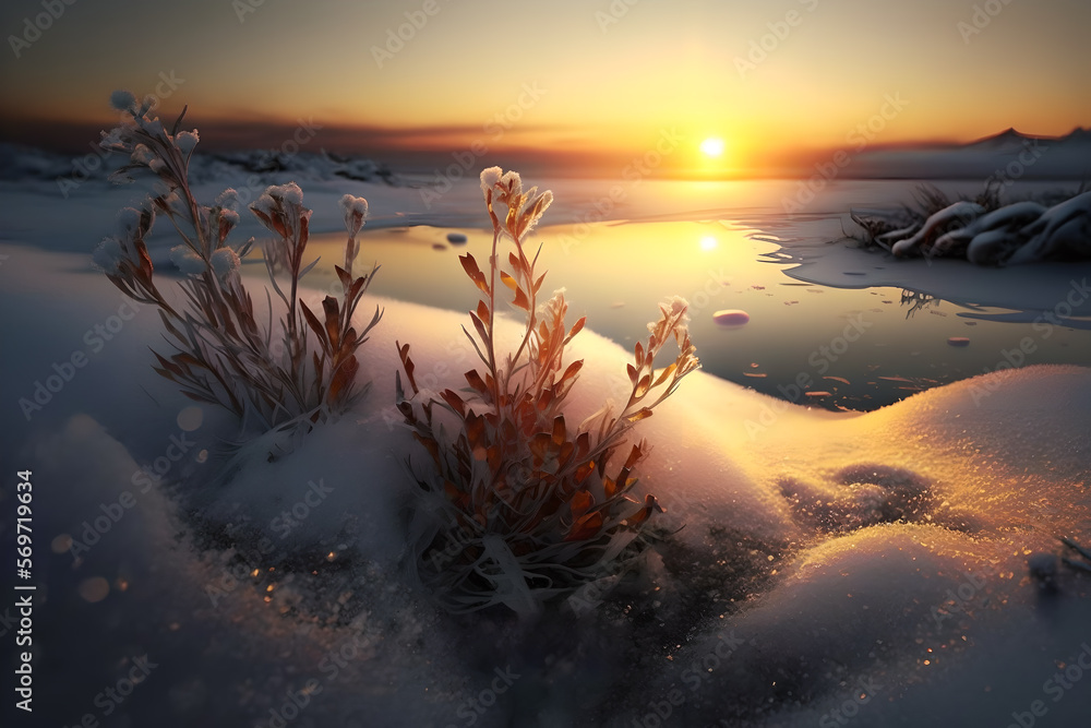 Sunrise on a frozen landscape with ice and snow, with green shoots of a ...