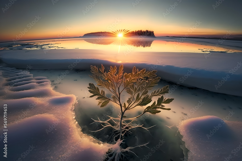 Sunrise on a frozen landscape with ice and snow, with green shoots of a ...