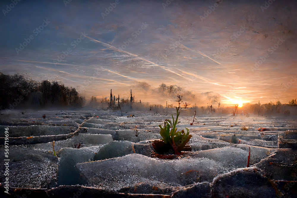 Sunrise on a frozen landscape with ice and snow, with green shoots of a ...