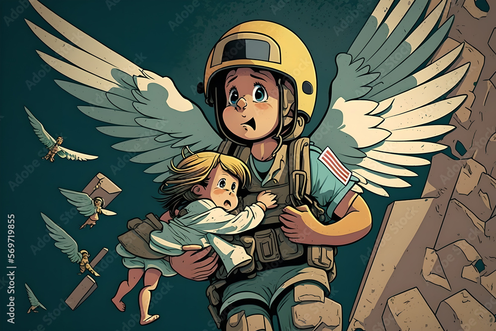A hero lady soldier, rescues and saves a little child/kid/girl/boy from ...