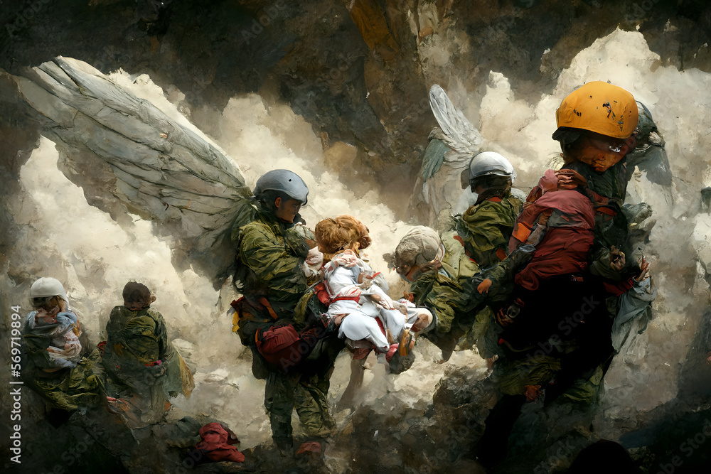 A hero angel soldier, rescues and saves a little child/kid/girl/boy ...