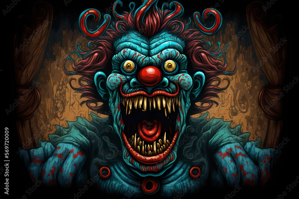 A very scary, monster clown, from a horror movie, cartoon style, sharp ...