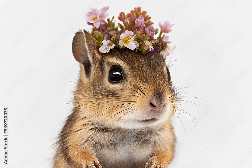 Springtime adorable baby chipmunk wearing a flower crown. Cute children ...