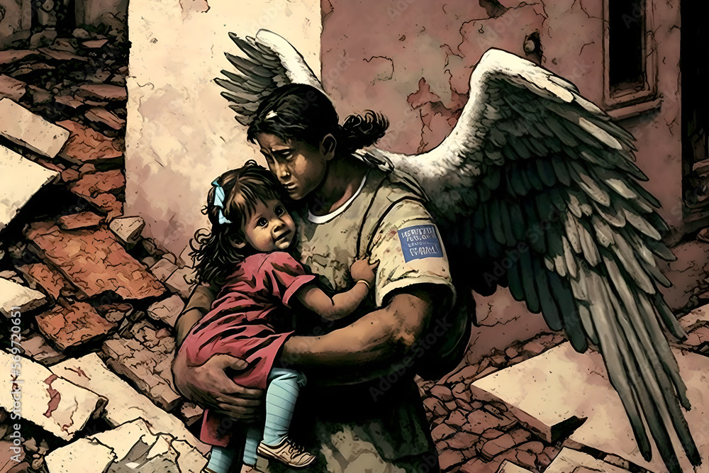 A hero angel , rescues and saves a little child/kid/girl/boy from the ...