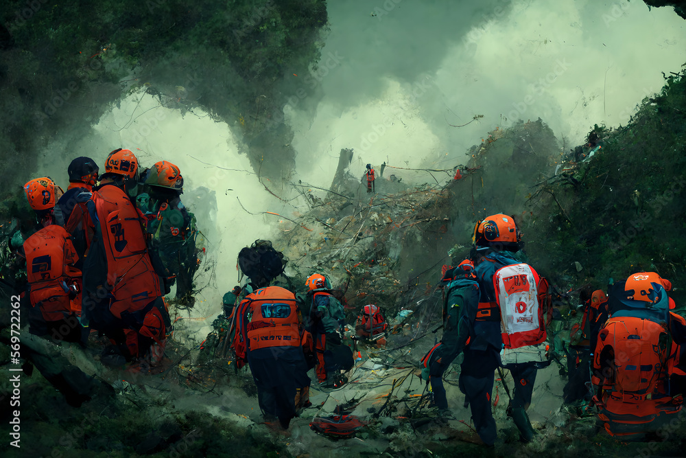 Brave Search and rescue teams, paramedics, police, firemen and doctors ...
