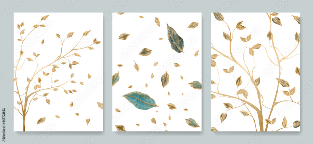 Abstract art background with golden tree leaves in line style ...