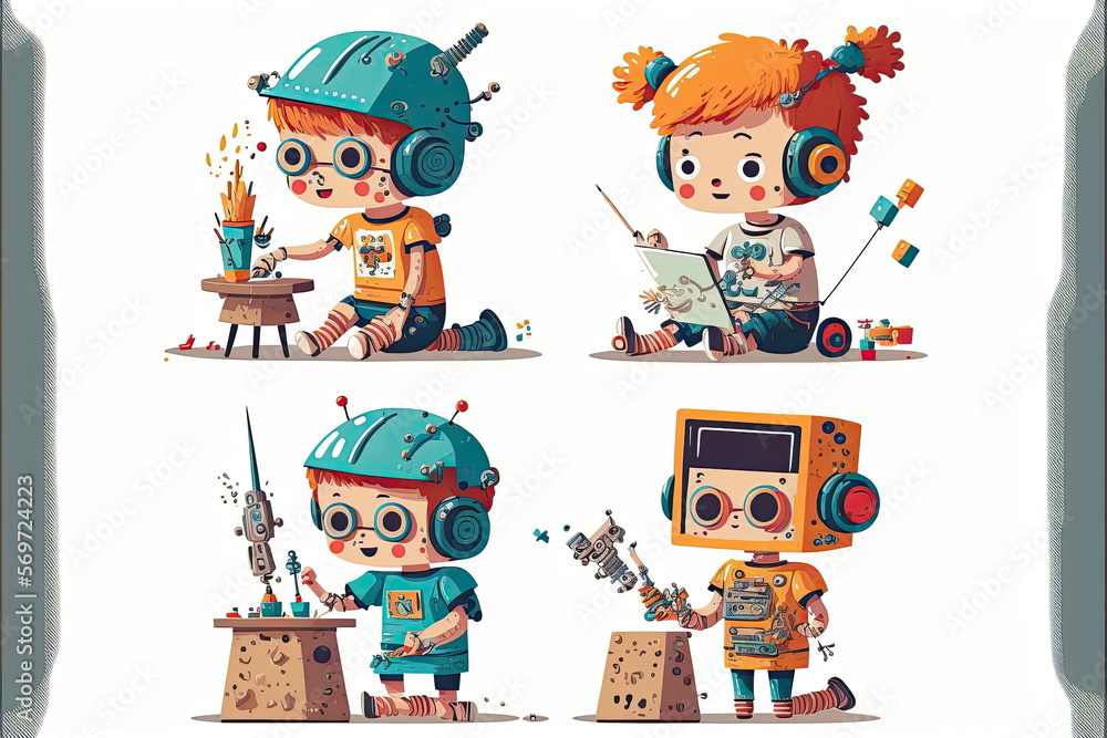 Set of creative kids building robots, children making robotic ...