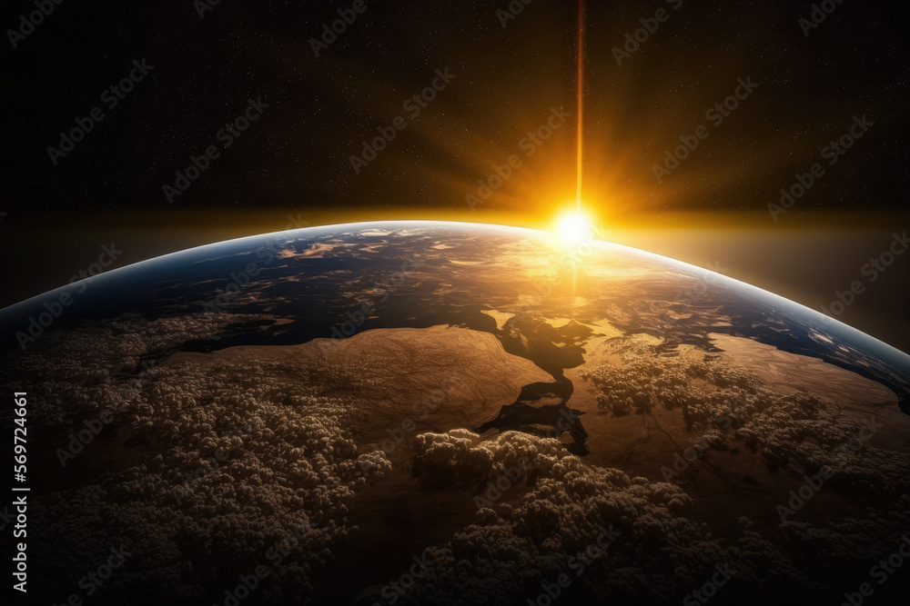 The sun rises behind planet earth, casting a golden light, generative ...