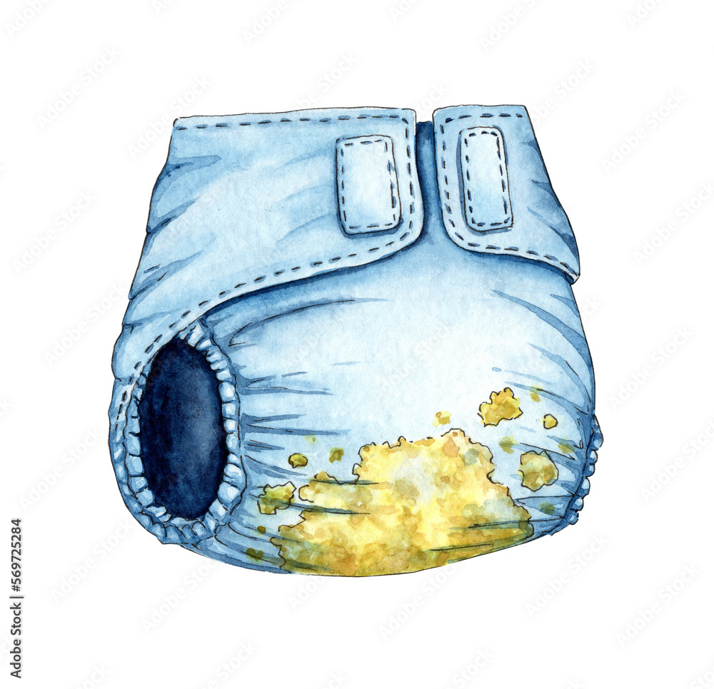 Watercolor illustration of a dirty baby diaper. The child pooped ...