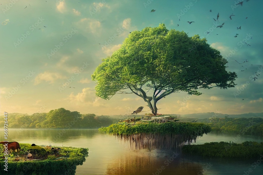 a tree is growing on top of a floating island with animals in it and ...