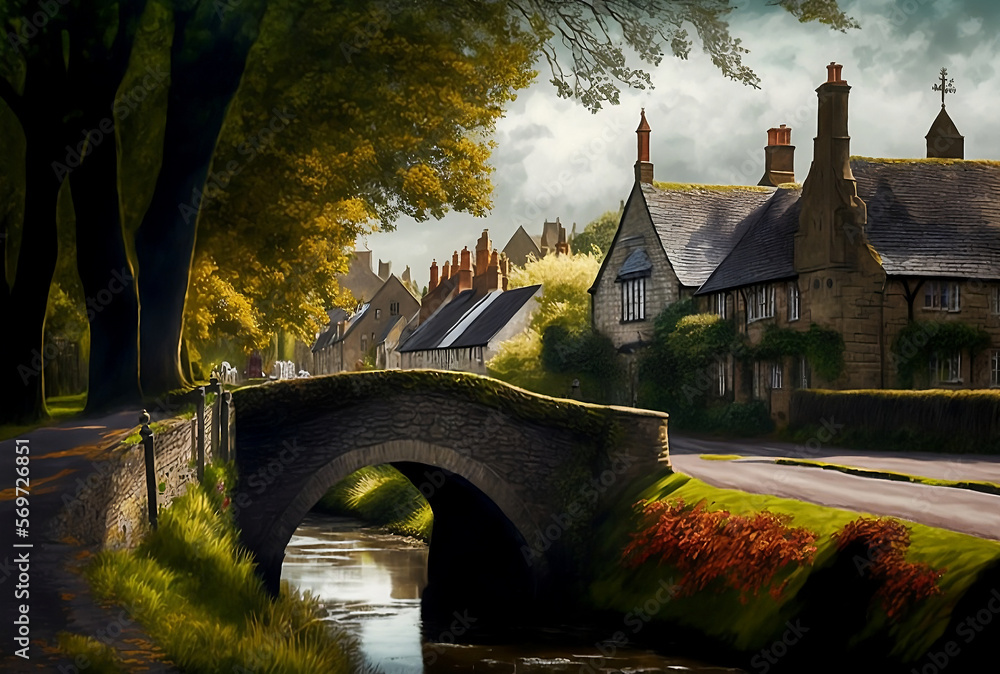 quaint English village with bridge over a stream Stock Illustration ...