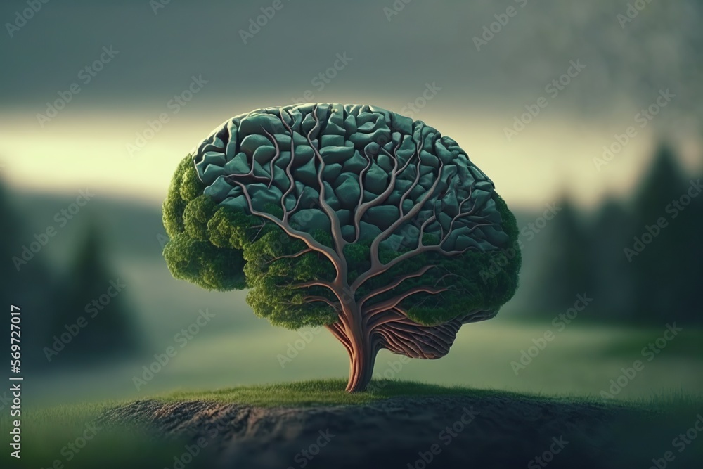 A tree with green leaves in the shape of a human brain, concept of ...