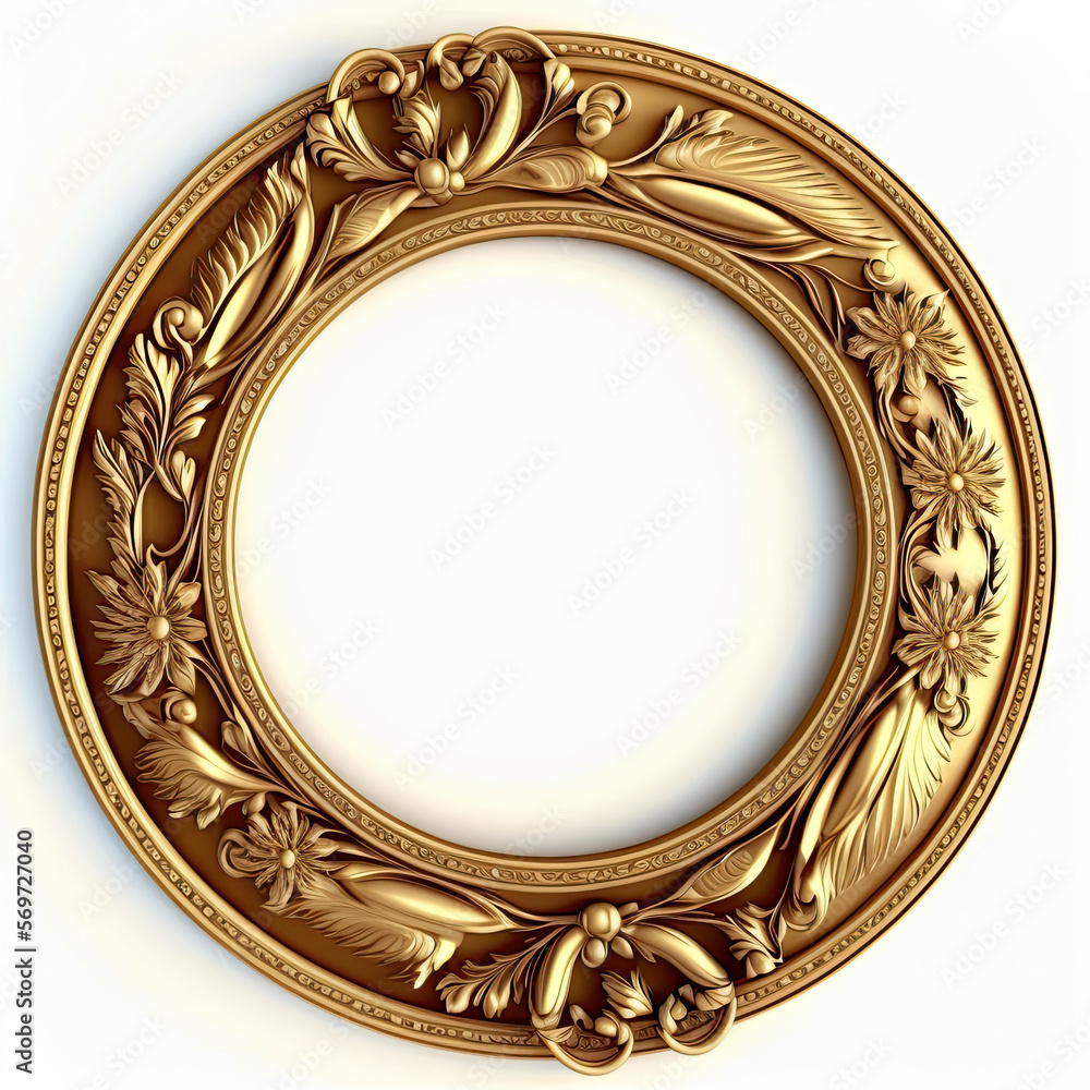 Ornate circular golden frame isolated. 3D rendering, frame, gold ...
