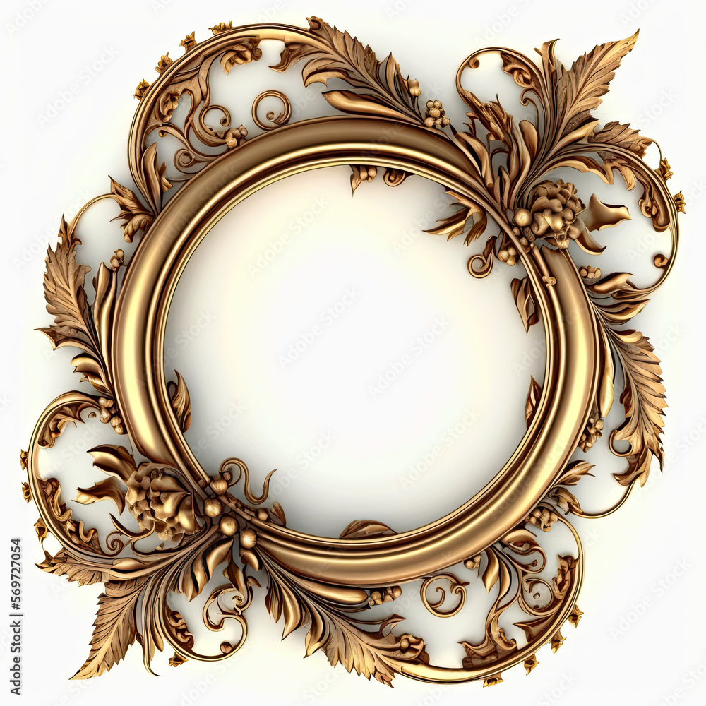 Ornate circular golden frame isolated. 3D rendering, frame, gold ...